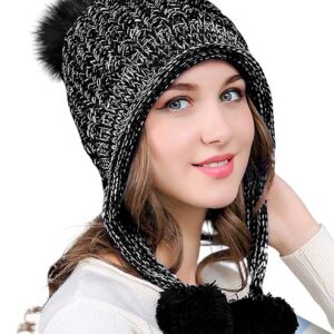 DOCILA Winter Knit Hats for Women Soft Faux Fur Pom Ear Flaps Beanie Warm Travel Ear Covers Peruvian Hat Fleece Liner Sherpa Skii Snow Camping Skully Cap (Black)