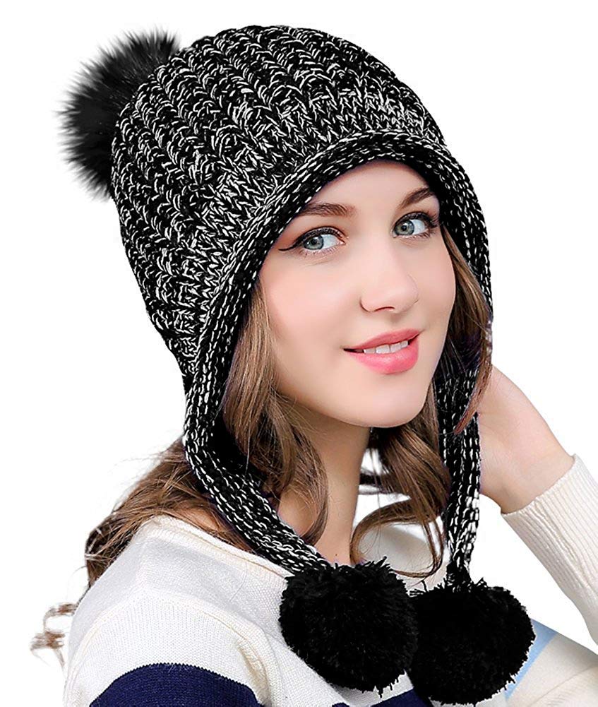 DOCILA Winter Knit Hats for Women Soft Faux Fur Pom Ear Flaps Beanie Warm Travel Ear Covers Peruvian Hat Fleece Liner Sherpa Skii Snow Camping Skully Cap (Black)