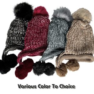 DOCILA Winter Knit Hats for Women Soft Faux Fur Pom Ear Flaps Beanie Warm Travel Ear Covers Peruvian Hat Fleece Liner Sherpa Skii Snow Camping Skully Cap (Black)