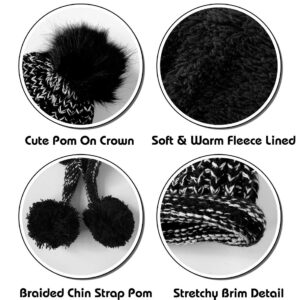 DOCILA Winter Knit Hats for Women Soft Faux Fur Pom Ear Flaps Beanie Warm Travel Ear Covers Peruvian Hat Fleece Liner Sherpa Skii Snow Camping Skully Cap (Black)