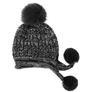 DOCILA Winter Knit Hats for Women Soft Faux Fur Pom Ear Flaps Beanie Warm Travel Ear Covers Peruvian Hat Fleece Liner Sherpa Skii Snow Camping Skully Cap (Black)