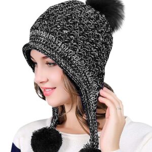 DOCILA Winter Knit Hats for Women Soft Faux Fur Pom Ear Flaps Beanie Warm Travel Ear Covers Peruvian Hat Fleece Liner Sherpa Skii Snow Camping Skully Cap (Black)