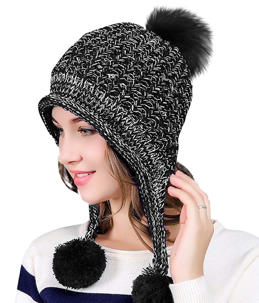 DOCILA Winter Knit Hats for Women Soft Faux Fur Pom Ear Flaps Beanie Warm Travel Ear Covers Peruvian Hat Fleece Liner Sherpa Skii Snow Camping Skully Cap (Black)