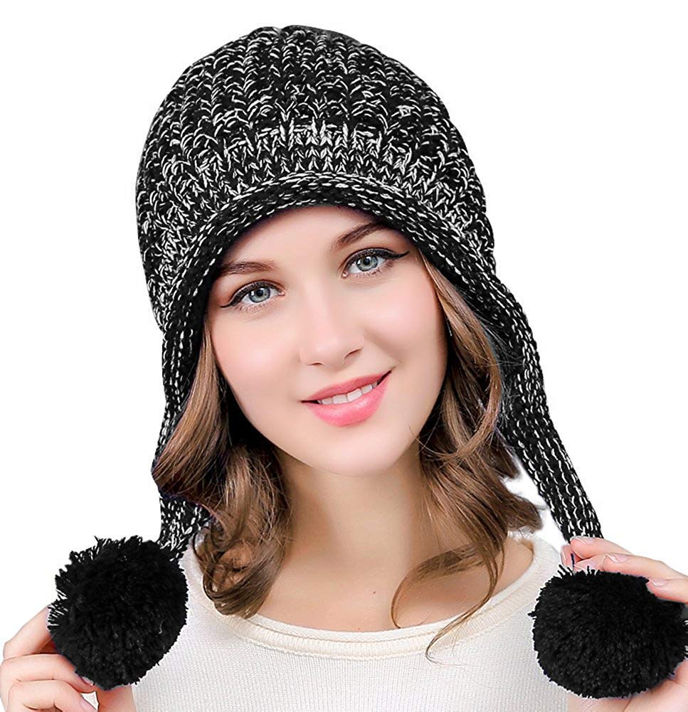 DOCILA Winter Knit Hats for Women Soft Faux Fur Pom Ear Flaps Beanie Warm Travel Ear Covers Peruvian Hat Fleece Liner Sherpa Skii Snow Camping Skully Cap (Black)