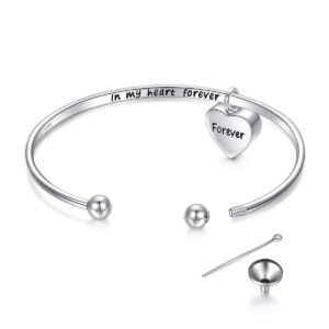 yinshan cremation jewelry 925 sterling silver memorial ashes keepsake urn bangle bracelet with heart drop pendant engraved in my heart forever (heart bracelet without chain)