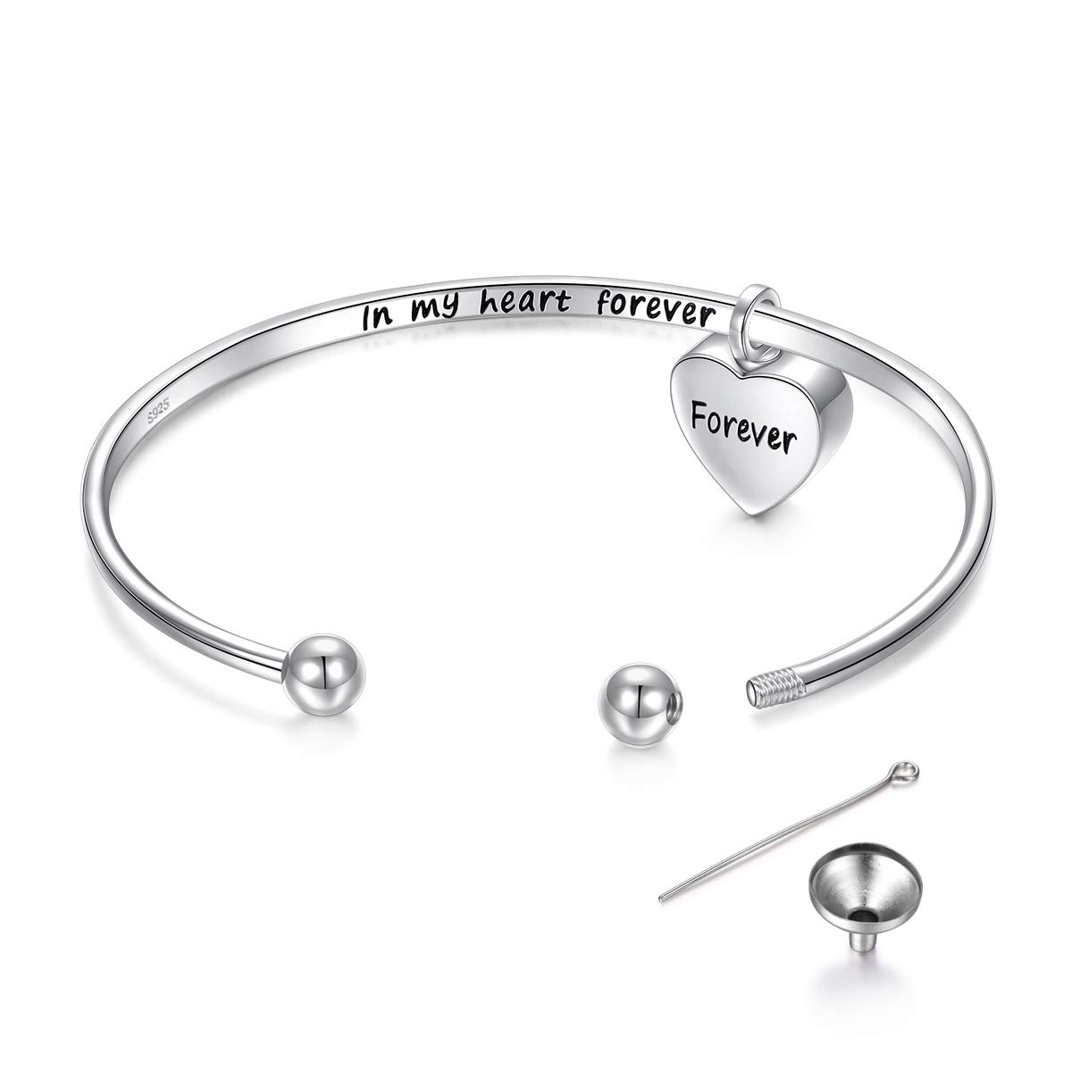 YinShan Cremation Jewelry 925 Sterling Silver Memorial Ashes Keepsake Urn Bangle Bracelet with Heart Drop Pendant Engraved in My Heart Forever (Heart Bracelet without Chain)