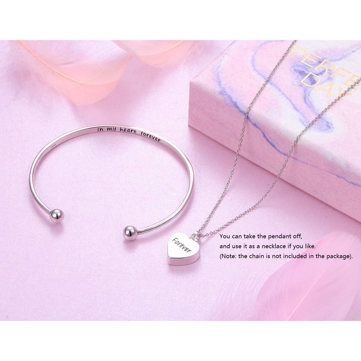 YinShan Cremation Jewelry 925 Sterling Silver Memorial Ashes Keepsake Urn Bangle Bracelet with Heart Drop Pendant Engraved in My Heart Forever (Heart Bracelet without Chain)