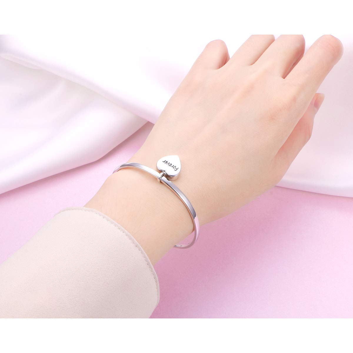 YinShan Cremation Jewelry 925 Sterling Silver Memorial Ashes Keepsake Urn Bangle Bracelet with Heart Drop Pendant Engraved in My Heart Forever (Heart Bracelet without Chain)