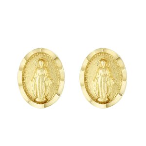 14k yellow gold mini miraculous virgin mary small oval stud post earrings (8x6mm)