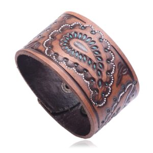 fusamk punk rock print pattern wristband wide leather cuff bracelet(brown leather)