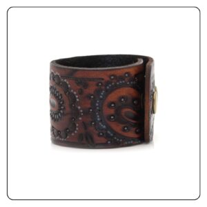 Fusamk Punk Rock Print Pattern Wristband Wide Leather Cuff Bracelet(Brown Leather)