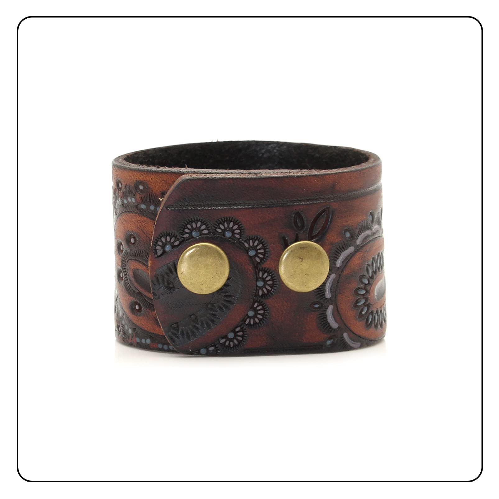 Fusamk Punk Rock Print Pattern Wristband Wide Leather Cuff Bracelet(Brown Leather)