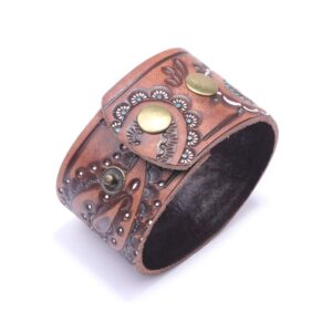 Fusamk Punk Rock Print Pattern Wristband Wide Leather Cuff Bracelet(Brown Leather)