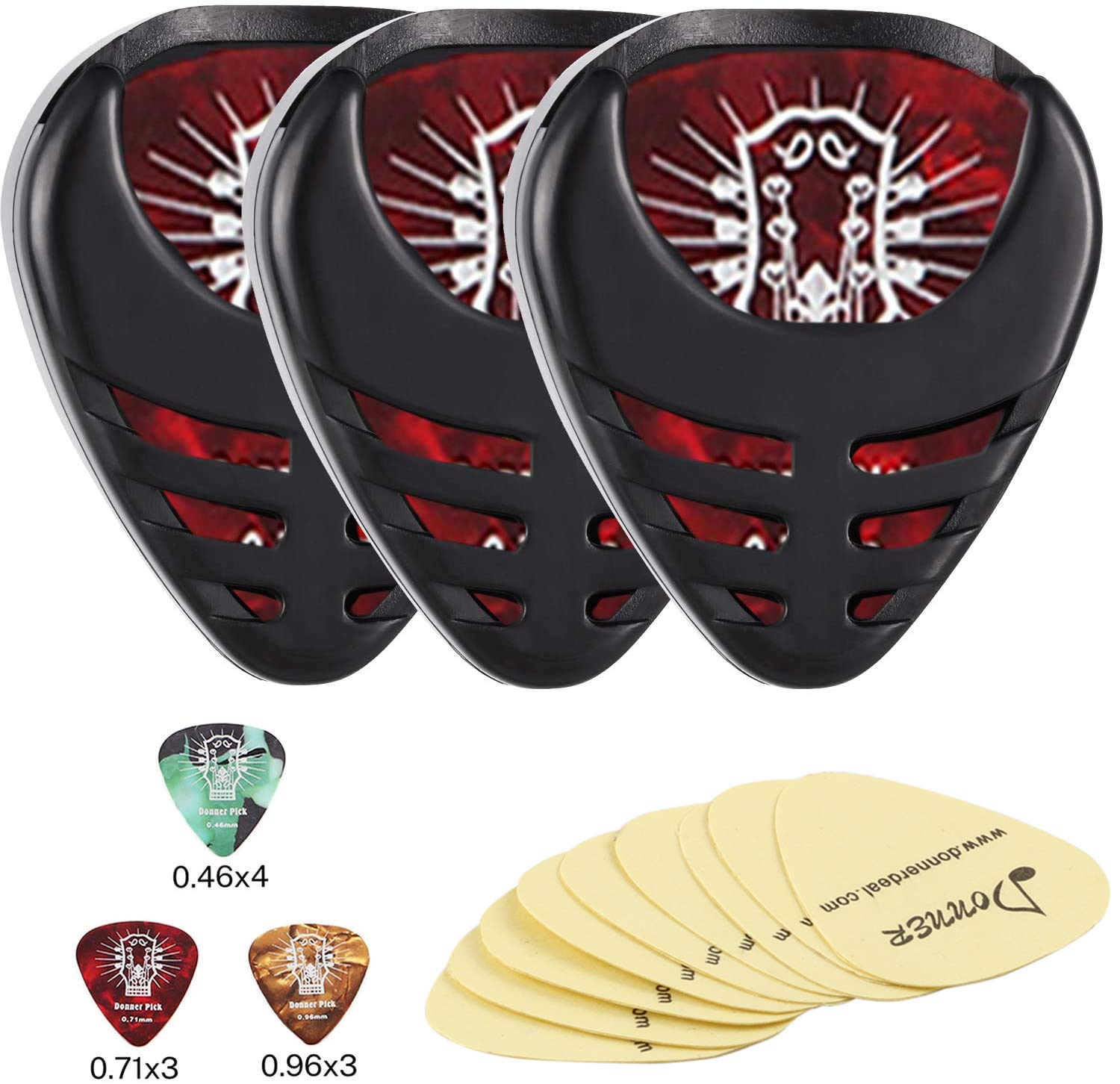 Donner Guitar Picks Holder, with Picks Case 3 Pack, 10pcs Guitar Picks Contains Thin, Medium, Heavy Picks, 9pcs 3M Stickers, Suitable for Acoustic Guitar Electric Guitar Bass Ukulele Banjo