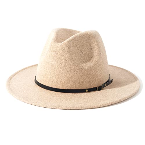 Lisianthus Womens Classic Wool Fedora with Belt Buckle Wide Brim Panama Hat B-Beige