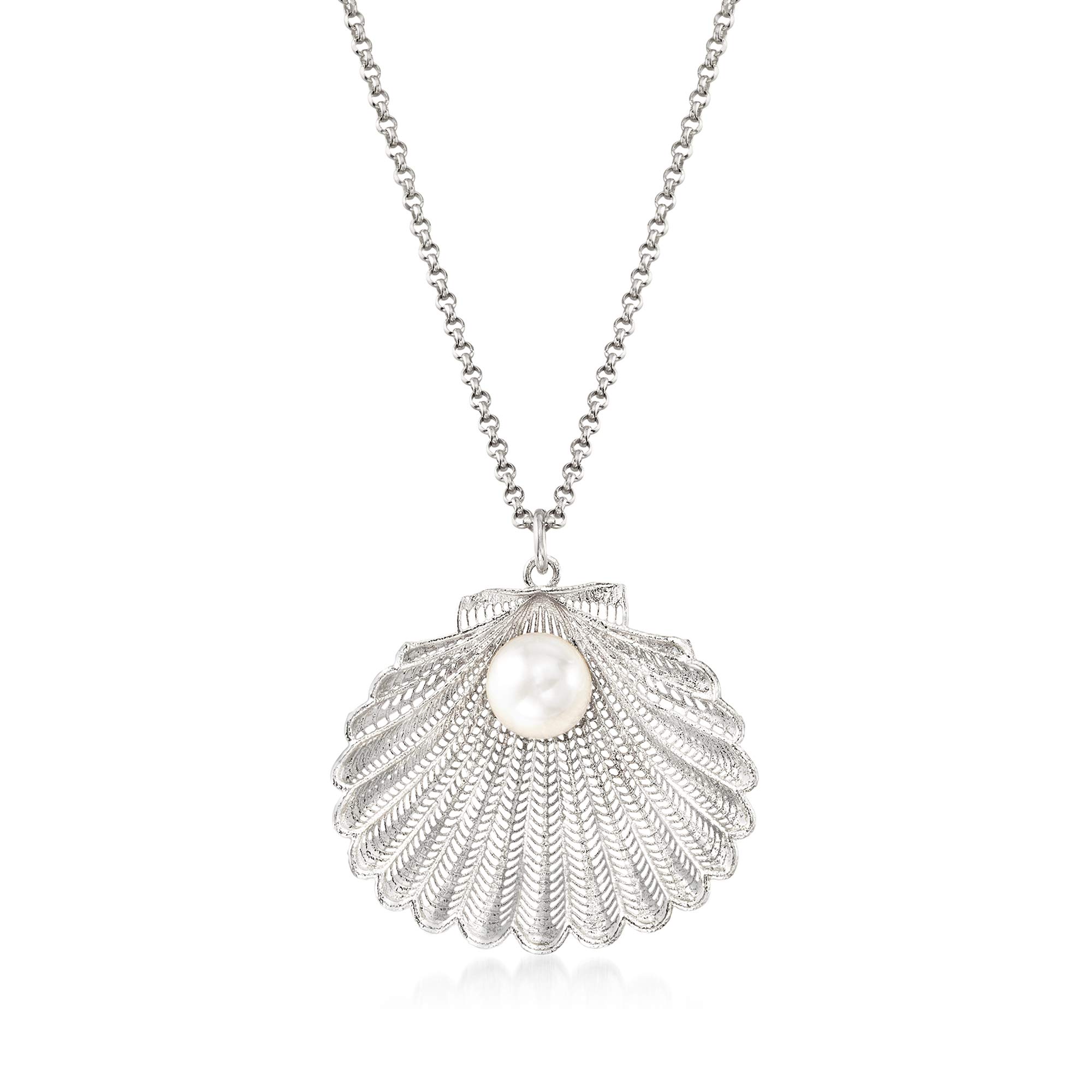 Ross-Simons Italian Cultured Pearl Seashell Pendant Necklace in Sterling Silver. 18 inches