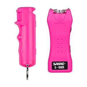 sabre pepper spray & 2-in-1 stun gun with flashlight, self defense kit, fast flip top safety, finger grip for better & faster aim, painful 1.60 µc charge, 120 lumen led light, rechargeable, 0.54 fl oz