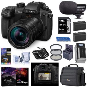 panasonic lumix gh5 4k mirrorless digital camera with leica 12-60mm f/2.8-4.0 lens, (dc-gh5lk), bundle with v-log l upgrade kit, mic, 2 battery, filter, pc software, 128gb sd card + accessories