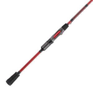 ugly stik 5’6” carbon spinning rod, one piece spinning rod, 4-8lb line rating, light rod power, moderate fast action, 1/16-1/4 oz. lure rating, red/black