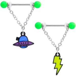 body candy 14g womens nipplerings piercing steel 2pc green lightning ufo chain dangle nipple ring set 9/16"