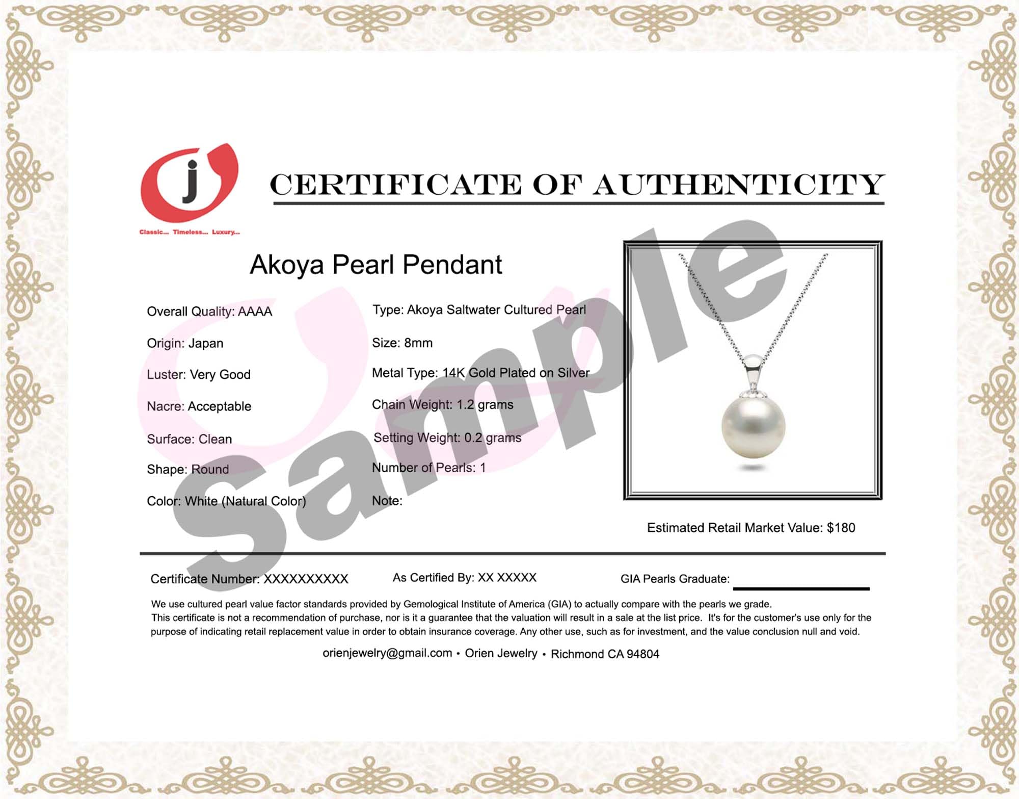 Japanese Akoya Cultured Pearl Pendant Necklace AAAA Graded 9mm White Necklace Pendant with Sterling Silver Setting and Matching 16 Inch Chain - Orien Jewelry