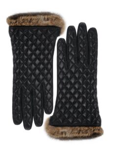 vikideer winter warm cashmere lining rabbit fur cuffs leather gloves for women touchscreen black large