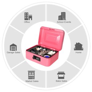 Jssmst Medium Cash Box with Combination Lock - Durable Metal Cash Box with Money Tray Pink,7.87 x 6.3 x 3.35 inches,CB0704M