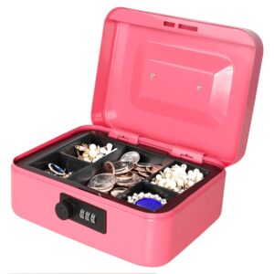 Jssmst Medium Cash Box with Combination Lock - Durable Metal Cash Box with Money Tray Pink,7.87 x 6.3 x 3.35 inches,CB0704M