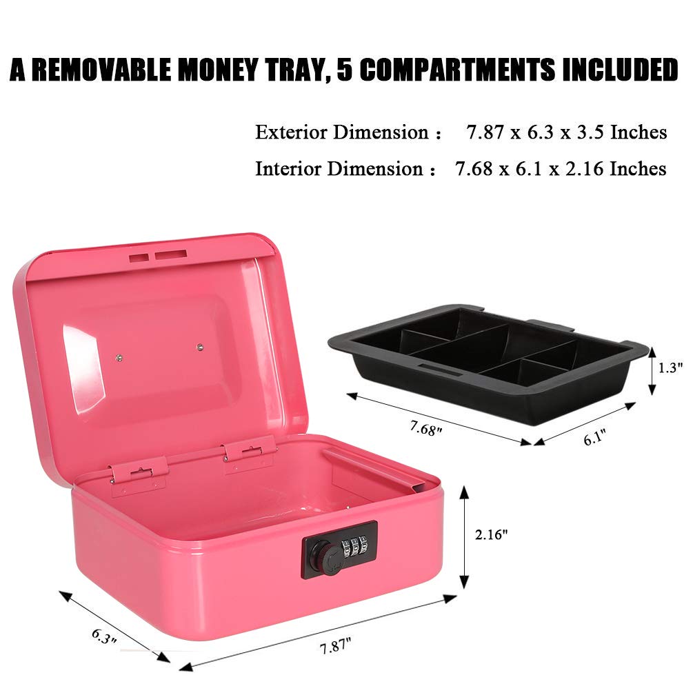 Jssmst Medium Cash Box with Combination Lock - Durable Metal Cash Box with Money Tray Pink,7.87 x 6.3 x 3.35 inches,CB0704M