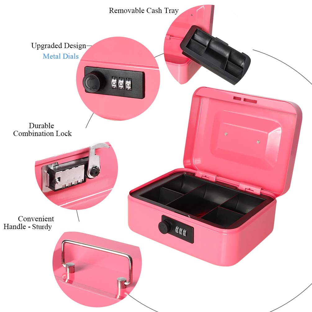 Jssmst Medium Cash Box with Combination Lock - Durable Metal Cash Box with Money Tray Pink,7.87 x 6.3 x 3.35 inches,CB0704M