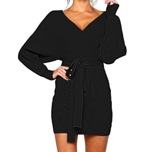 Mansy Women's Sexy Cocktail Batwing Long Sleeve Backless Mock Wrap Knit Sweater Mini Dress (L, Black)