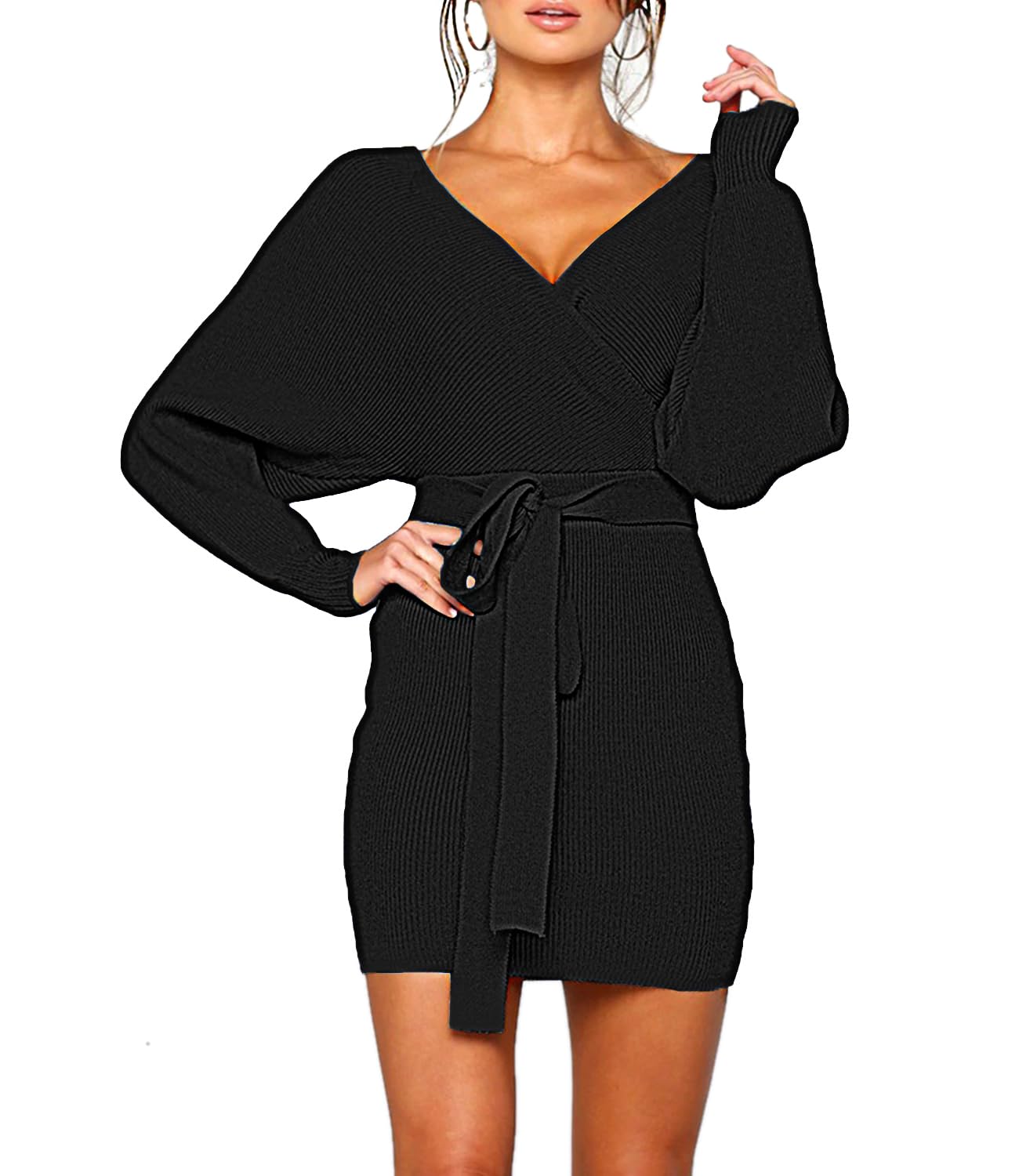 Mansy Women's Sexy Cocktail Batwing Long Sleeve Backless Mock Wrap Knit Sweater Mini Dress (L, Black)