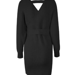 Mansy Women's Sexy Cocktail Batwing Long Sleeve Backless Mock Wrap Knit Sweater Mini Dress (L, Black)