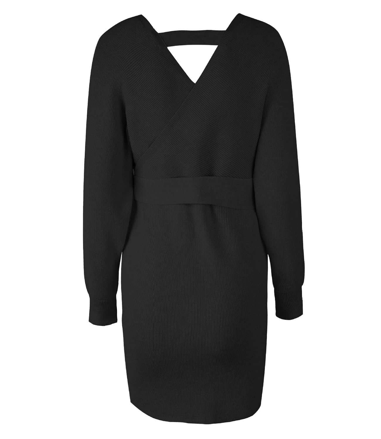 Mansy Women's Sexy Cocktail Batwing Long Sleeve Backless Mock Wrap Knit Sweater Mini Dress (L, Black)