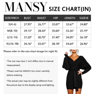 Mansy Women's Sexy Cocktail Batwing Long Sleeve Backless Mock Wrap Knit Sweater Mini Dress (L, Black)