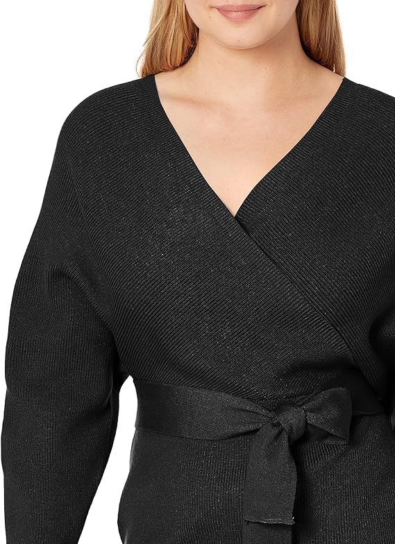 Mansy Women's Sexy Cocktail Batwing Long Sleeve Backless Mock Wrap Knit Sweater Mini Dress (L, Black)