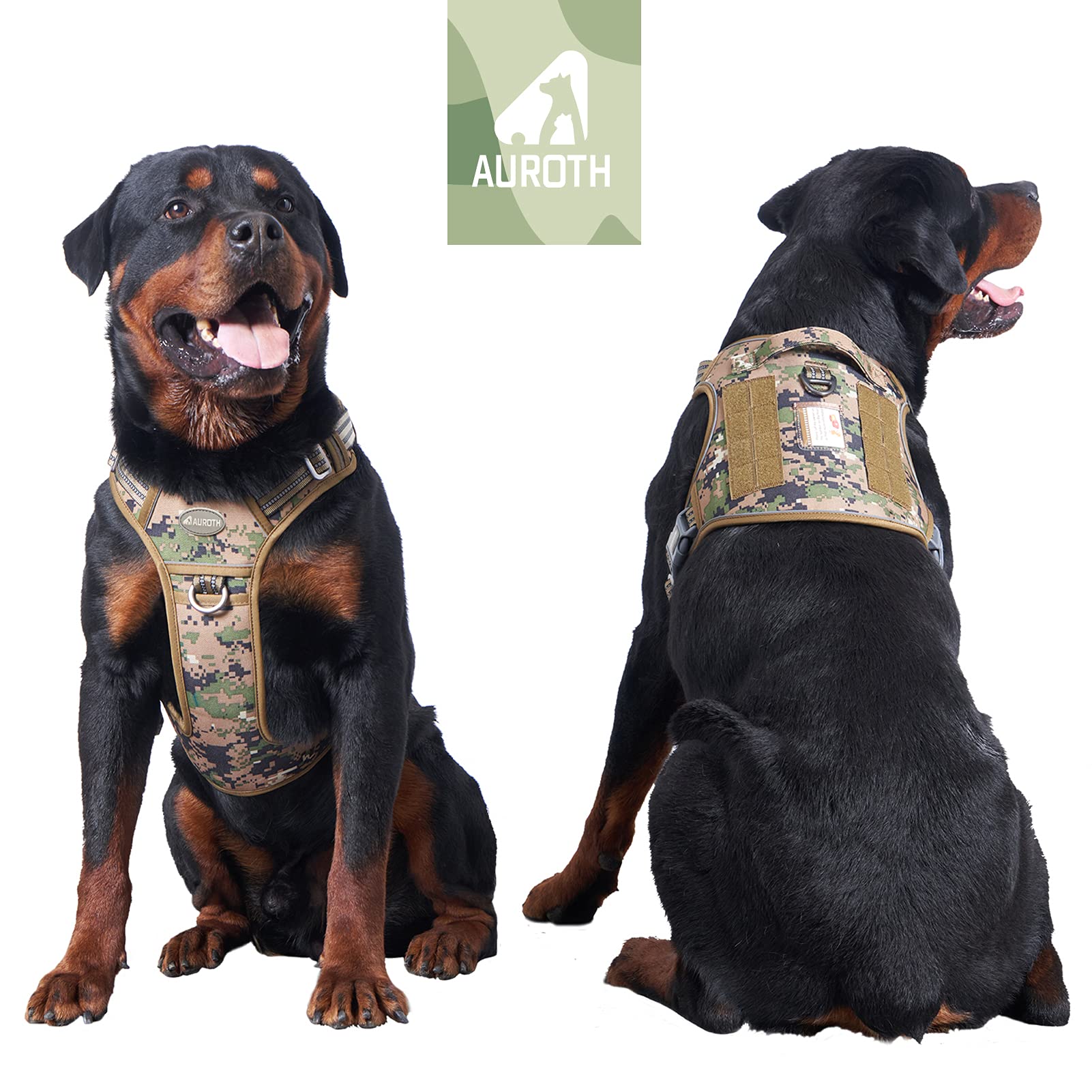 AUROTH Tactical Dog Harness for Large Dogs No Pull Adjustable Reflective K9 Working Training Easy Control Pet Vest Military Service Harnesses Woodland Camo L