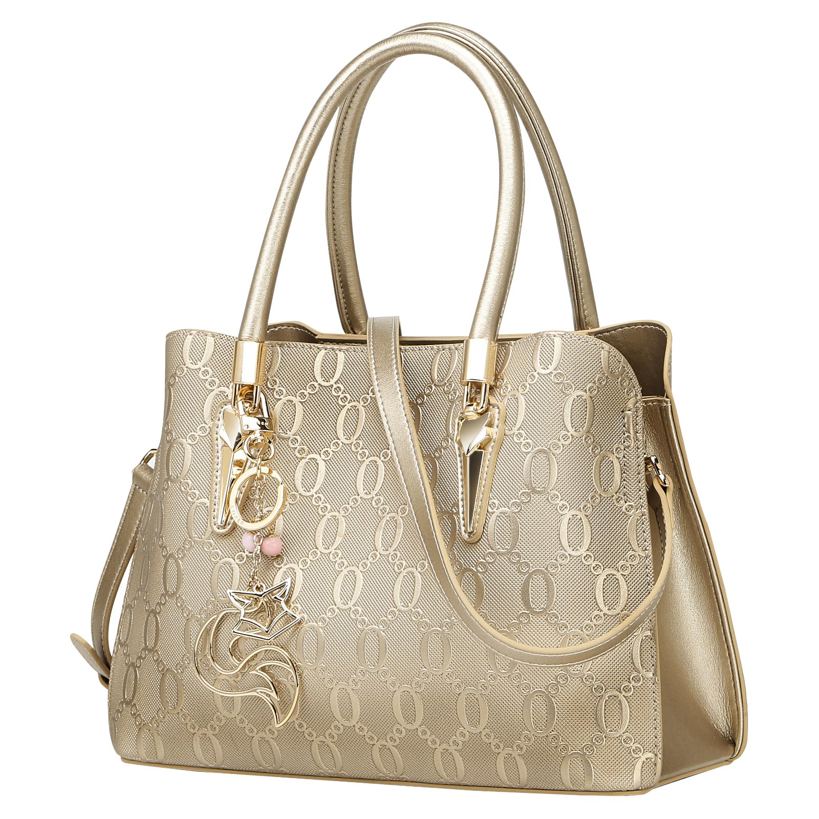 FOXER Designer Chain Pattern Tote Bag with Adjustable Strap and Top Handle - Cow Leather Ladies Handbag with Lock in Gold