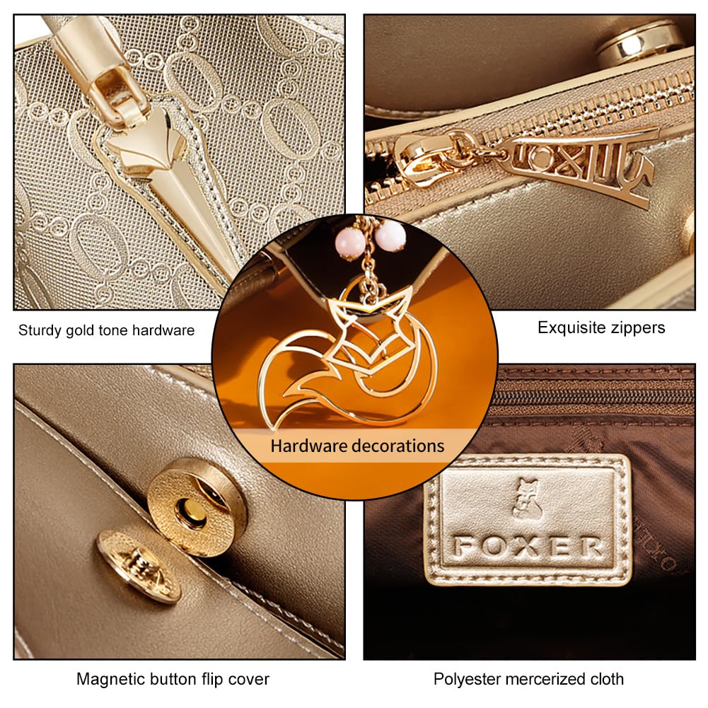 FOXER Designer Chain Pattern Tote Bag with Adjustable Strap and Top Handle - Cow Leather Ladies Handbag with Lock in Gold