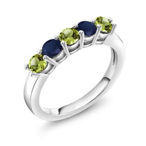 gem stone king 925 sterling silver green peridot and blue sapphire 5-stone wedding anniversary band ring for women (1.12 cttw, gemstone august birthstone, available in size 5, 6, 7, 8, 9)