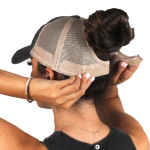 ponyflo mesh back ponytail and messy bun ponycap with full back opening (emily charcoal)