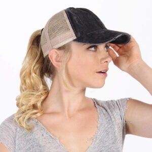 Ponyflo Mesh Back Ponytail and Messy Bun Ponycap with Full Back Opening (Emily Charcoal)