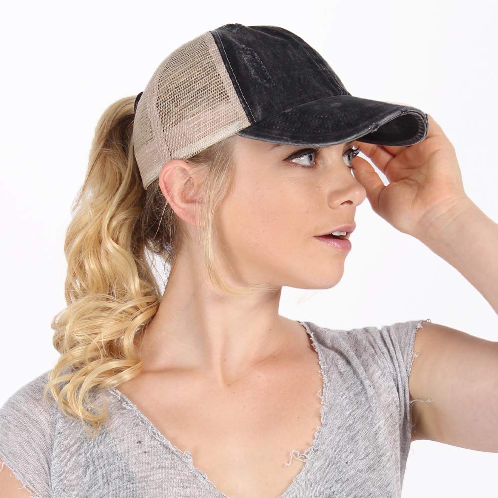 Ponyflo Mesh Back Ponytail and Messy Bun Ponycap with Full Back Opening (Emily Charcoal)