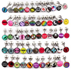 tianci fbyjs lot of surgical steel metal tongue rings barbells funny nasty wordings picture logo signs 14g - length 5/8" or 16mm (mix logos 40pcs)