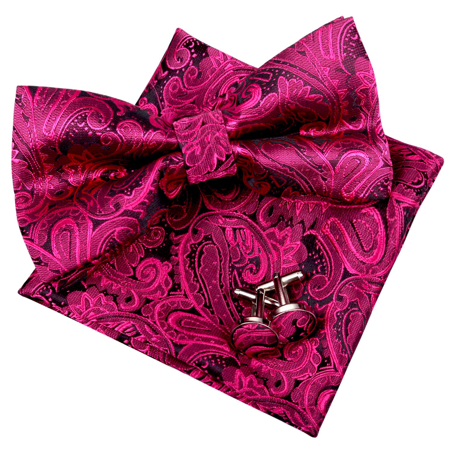 Alizeal Mens Retro Paisley Pre-tied Bow Tie, Pocket Square and Cufflinks, Black+ Hot Pink