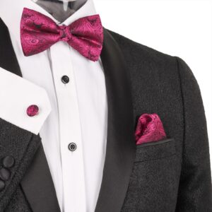 Alizeal Mens Retro Paisley Pre-tied Bow Tie, Pocket Square and Cufflinks, Black+ Hot Pink