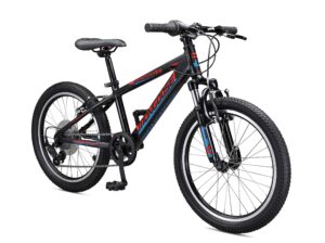 mongoose rockadile kids hardtail mountain bike, 20-inch wheels, aluminum step-over frame, 7-speed drivetrain, black