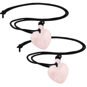 sunyik rose quartz puffy heart stone pendant necklace for women, healing crystal handmade necklaces for ladies, adjustable 19"-26" strand, pack of 2