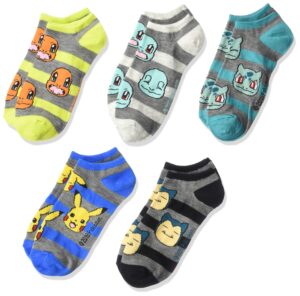 pokemon boys 5 pack no show casual sock, assorted grey stripe, 9-11 us