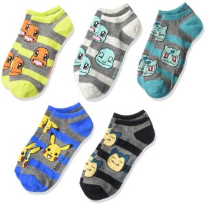 Pokemon Boys 5 Pack No Show Casual Sock, Assorted Grey Stripe, 9-11 US